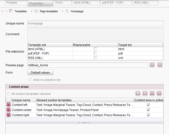 FirstSpirit V5.0 Online Documentation - Structure of page templates